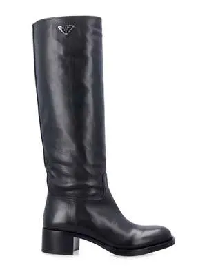 Prada Tall Leather Riding Boots With Enameled Triangle Logo & Low Block Heel - Nero