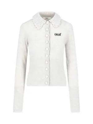Chloé Wool Cardigan With Lace Collar - Grey