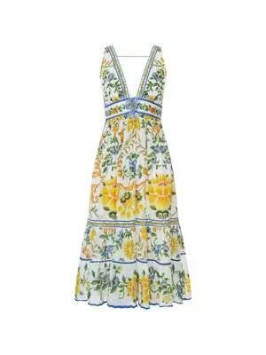 Farm Rio Floral Tapestry Rope Tie V-neck Midi Dress - Bianco