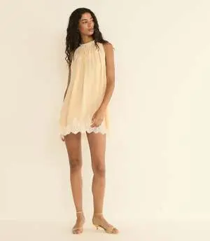 DÔEN Avalon Silk Georgette Babydoll Dress With Lace Appliqu - Shell