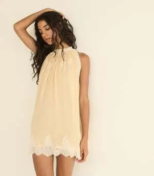 DÔEN Avalon Silk Georgette Babydoll Dress With Lace Appliqu
