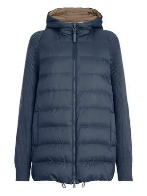 Brunello Cucinelli Quilted Nylon Midi Down Jacket With Knit Sleeves - Multicolor