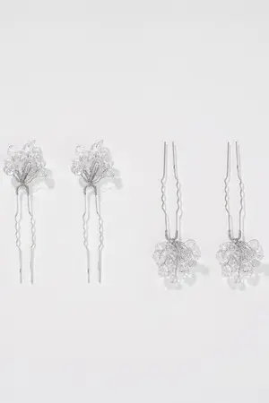 HAIR DRAMA CO Set Of 4 Crystal Pearl Hair Pins - Metallic Silver