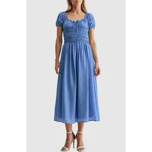 ALL IN FAVOR Puff Sleeve Shirred Midi Dress - Blue