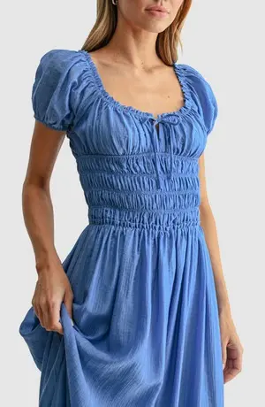 ALL IN FAVOR Puff Sleeve Shirred Midi Dress - Blue