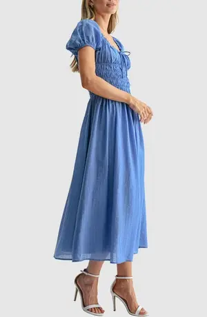 ALL IN FAVOR Puff Sleeve Shirred Midi Dress - Blue