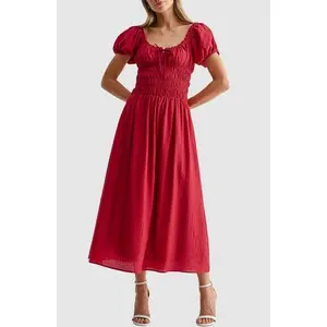 ALL IN FAVOR Puff Sleeve Shirred Midi Dress - Cherry Red