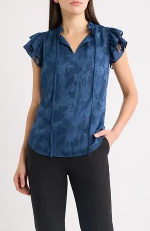 Anne Klein Ruffled Sleeve Tie Neck Top