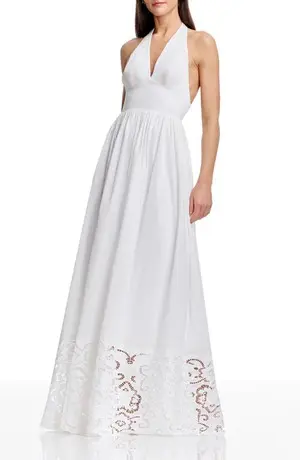 Dress The Population Nessie Cutwork Detail Cotton Halter Gown - White