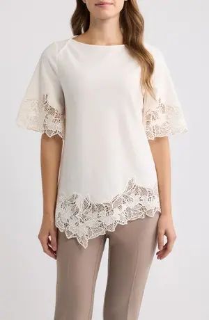 Anne Klein Lace Trim Asymmetrical Hem Top