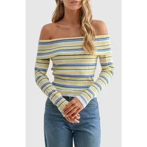 ALL IN FAVOR Off-the-shoulder Rib Top - Blue Yellow