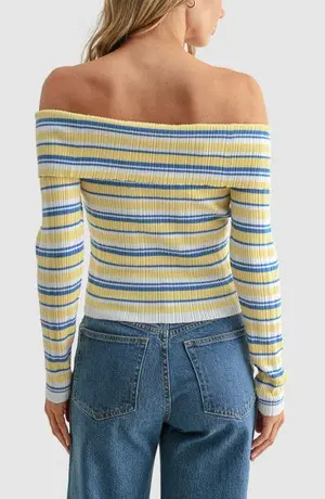 ALL IN FAVOR Off-the-shoulder Striped Ribbed Knit Top