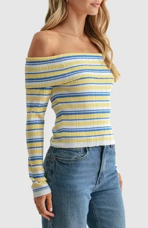 ALL IN FAVOR Off-the-shoulder Striped Ribbed Knit Top