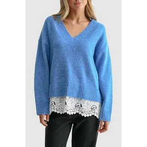 ALL IN FAVOR V-neck Lace Hem Sweater - Cornflower Blue