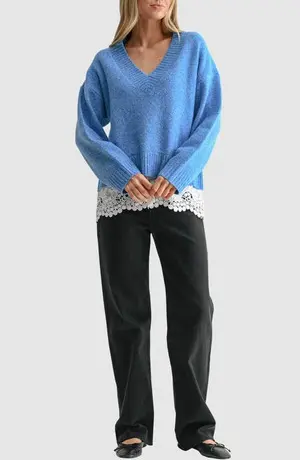 ALL IN FAVOR V-neck Lace Hem Sweater - Cornflower Blue