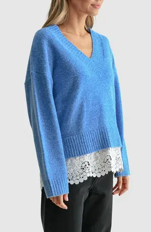 ALL IN FAVOR V-neck Lace Hem Sweater - Cornflower Blue