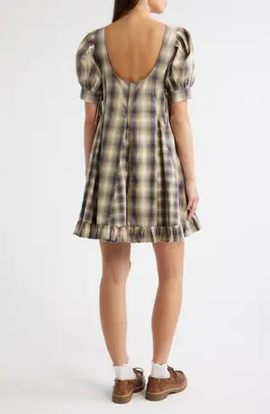 DAMSON MADDER Sabina Plaid Mini Godet Dress With Puff Sleeves And Ruffle Hem