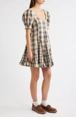 DAMSON MADDER Sabina Plaid Mini Godet Dress With Puff Sleeves And Ruffle Hem