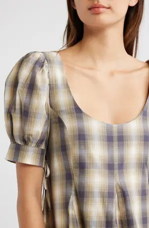 DAMSON MADDER Sabina Plaid Mini Godet Dress With Puff Sleeves And Ruffle Hem