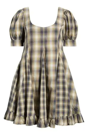 DAMSON MADDER Sabina Plaid Mini Godet Dress With Puff Sleeves And Ruffle Hem