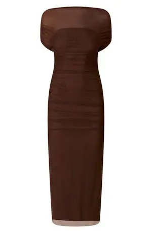 NIA Aria Ruched Off-the-shoulder Mesh Midi Dress