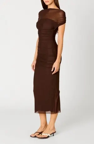 NIA Aria Ruched Off-the-shoulder Mesh Midi Dress
