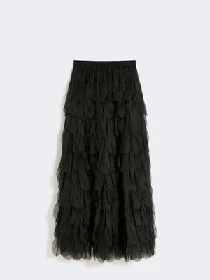 Max Mara Long Skirt With Petals In Silk Organza - Black