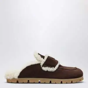 Prada Suede And Shearling Clogs - Brown