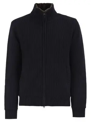 Herno Pure Wool Knit Jacket With High Collar And Faux Fur Lining - Blue