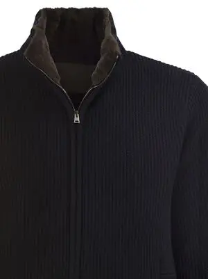 Herno Pure Wool Knit Jacket With High Collar And Faux Fur Lining