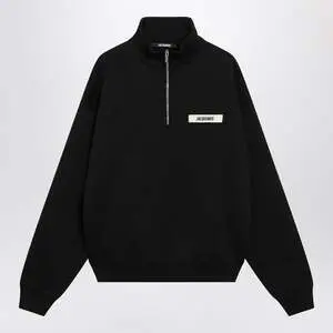 Jacquemus Zip-neck Sweatshirt With Gros Grain Logo - Black