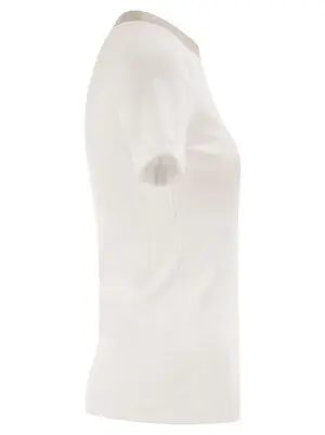 Peserico Stretch Cotton Jersey T-shirt With Lamé Knit Neckline - White
