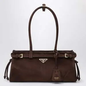 Prada Bonnie Medium Suede Leather Handbag In Moro - Brown