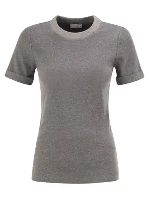 Peserico Stretch Cotton Jersey T-shirt With Lamé Knit Neckline - Gray