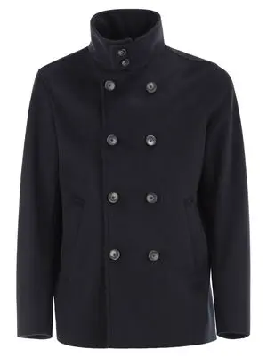 Herno Double-breasted Jacket In Wool-effect Fabric With High Collar - Blue