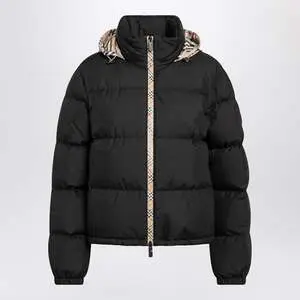 Burberry Padded Down Jacket With Check Detail - Black