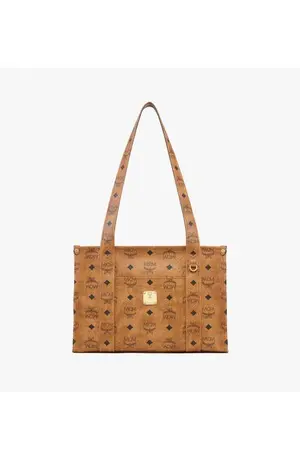 Mcm Small Aren School Bag Tote In Visetos - Cognac