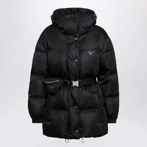 Prada Re-nylon Hooded Padded Jacket With Front Pouch - Black