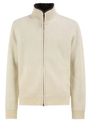 Herno Pure Wool Knit Jacket With High Collar And Faux Fur Lining - Cream