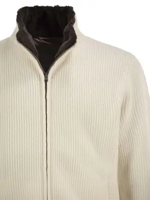 Herno Pure Wool Knit Jacket With High Collar And Faux Fur Lining