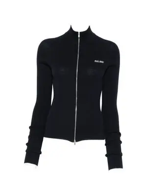 Miu Miu Ribbed Knit Zip-up Cardigan With Embroidered Logo - Multicolor