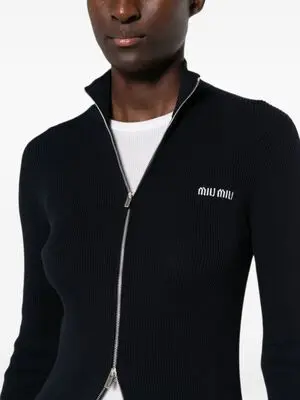 Miu Miu Ribbed Knit Zip-up Cardigan With Embroidered Logo - Multicolor
