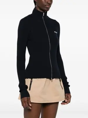Miu Miu Ribbed Knit Zip-up Cardigan With Embroidered Logo - Multicolor