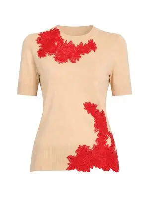 ERMANO SCERVINO Ermanno Scervino Short Sleeve Fine Knit Top With Floral Appliqu - Multicolor