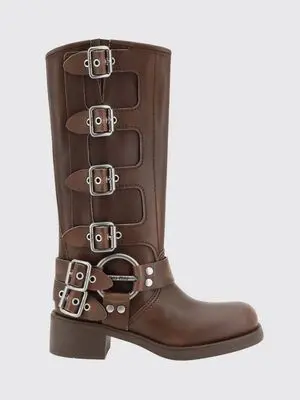 Miu Miu Mid Calf Buckled Leather Boots - Orange