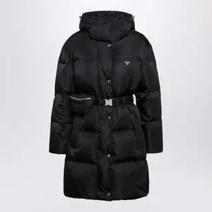 Prada Re-nylon Long Down Jacket With Belt Bag - Black