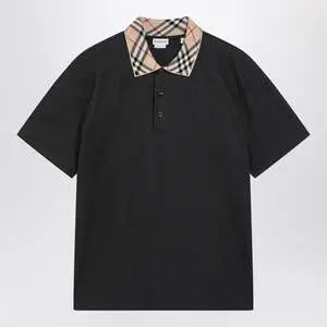 Burberry Dark Grey Polo Shirt With Check Collar - Gray