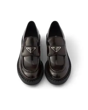 Prada Chocolate Brushed Leather Loafers With Enameled Metal Triangle Logo