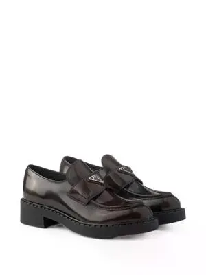 Prada Chocolate Brushed Leather Loafers With Enamel Triangle Logo