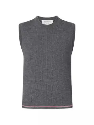 Thom Browne Ribbed Knit Sleeveless Crewneck Top With Rwb Stripe Detail - Grey